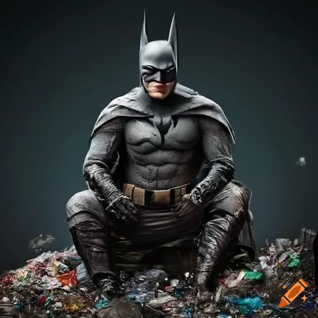 Realistic photo of Batman in a wasteland of plastic pollution on Craiyon