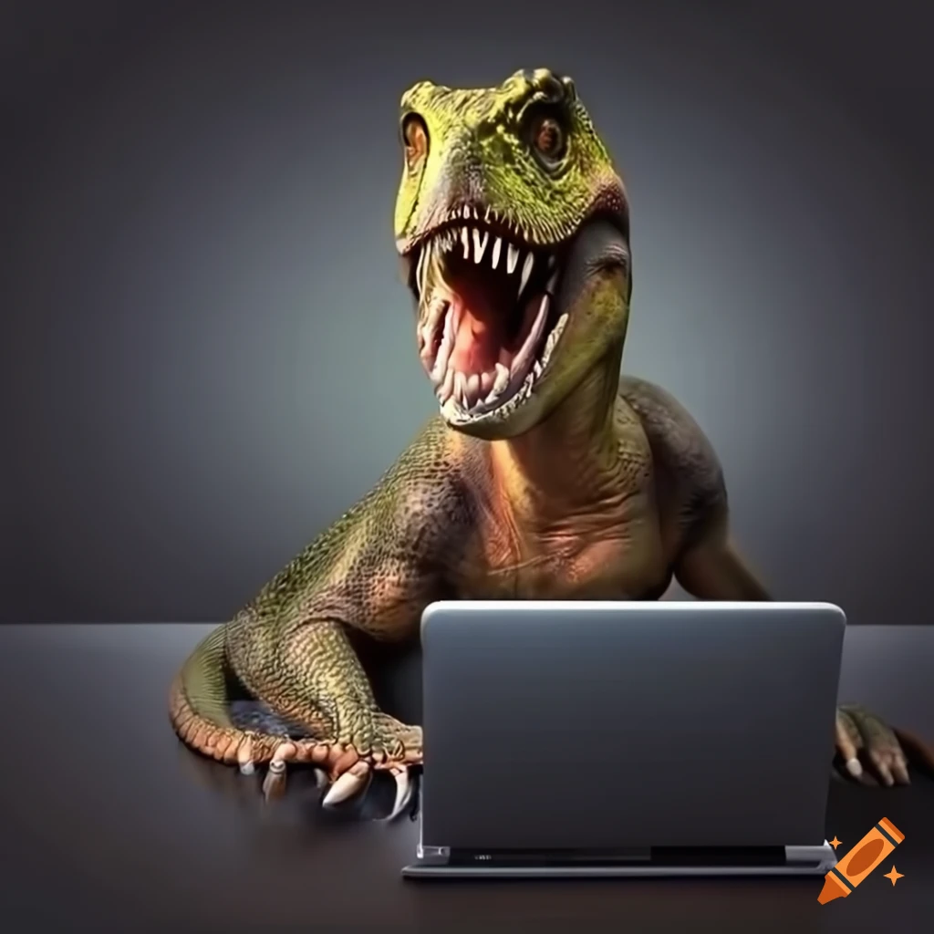 Photorealistic t-rex working on a laptop