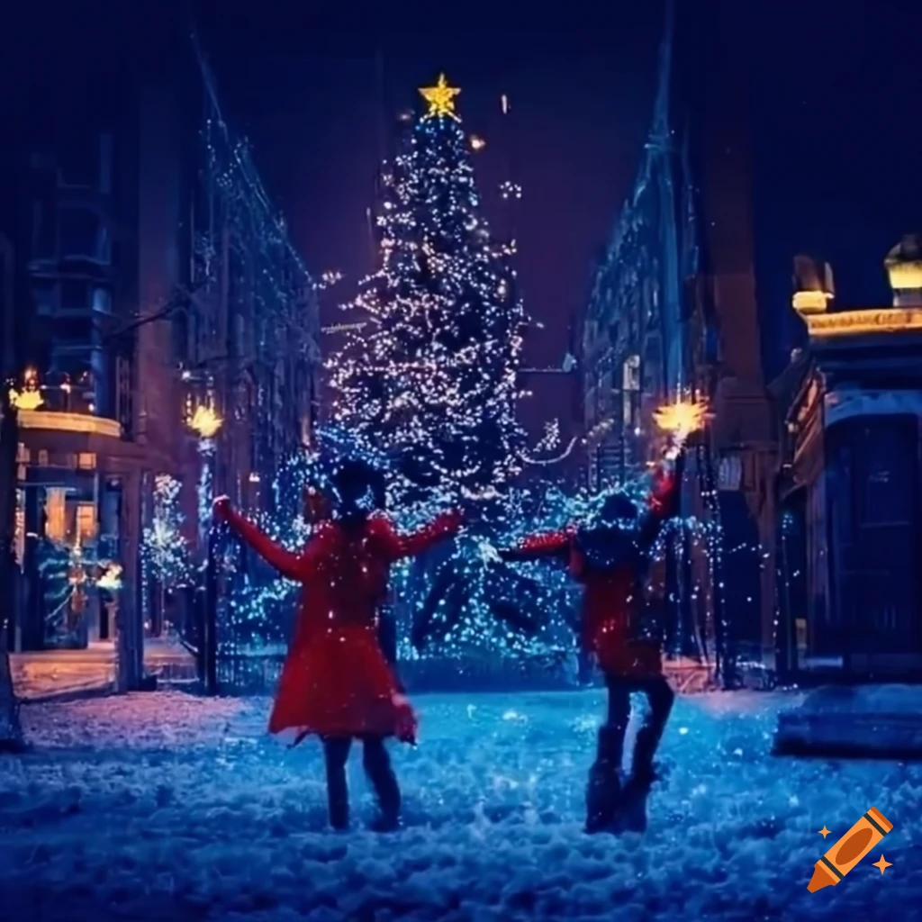 Christmas cityscape with snowfall and lots of lights