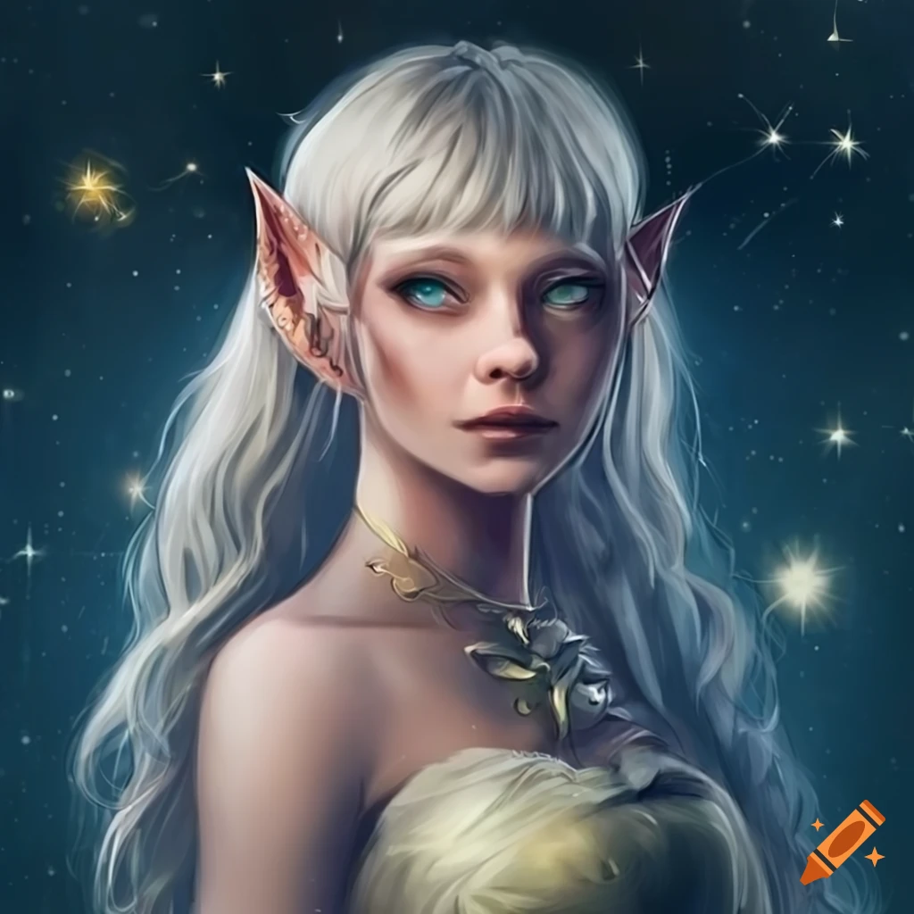 Blonde elf maiden with celestial backdrop