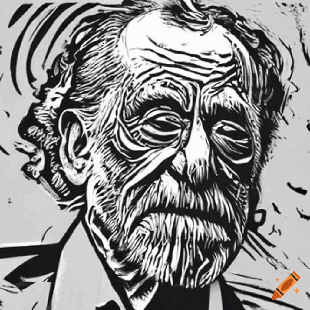 Lino cut print of charles bukowski