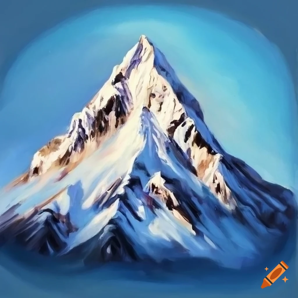 Realistic oil painting of a snowy mountain peak