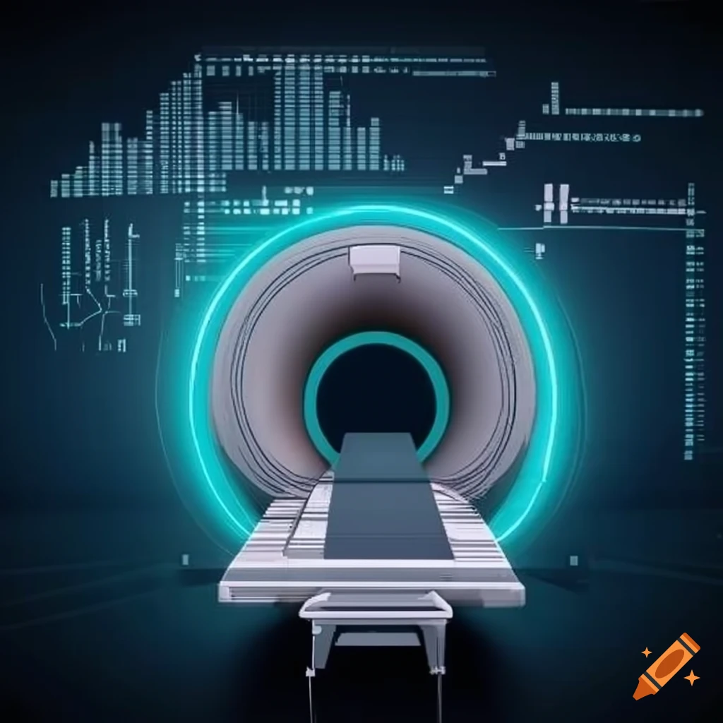 Wireframe illustration of an mri machine with stock charts on Craiyon
