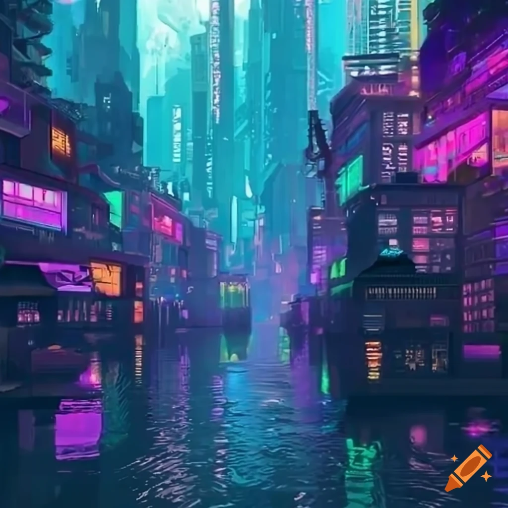 Cyberpunk city skyline on the ocean