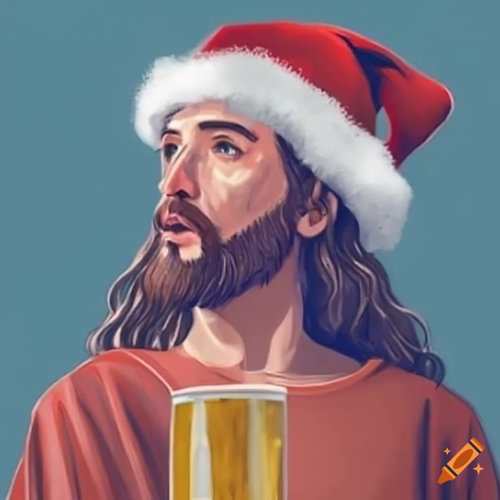 Satirical image of jesus wearing a santa hat and drinking beer