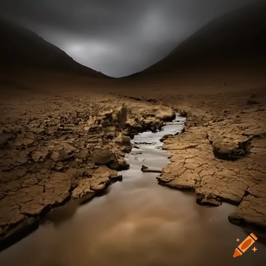 Stream flowing through dry land on Craiyon