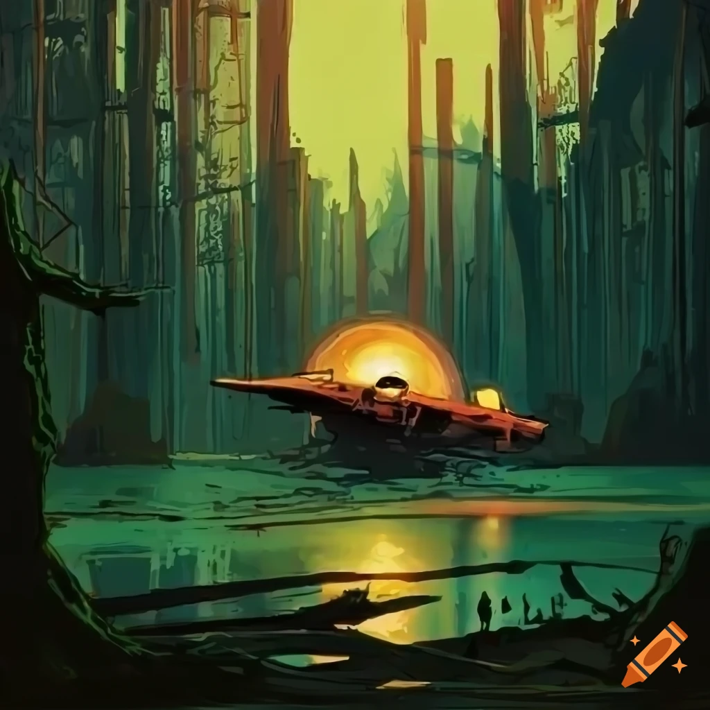 Retro sci-fi artwork of a crashed spaceship in a swamp on Craiyon