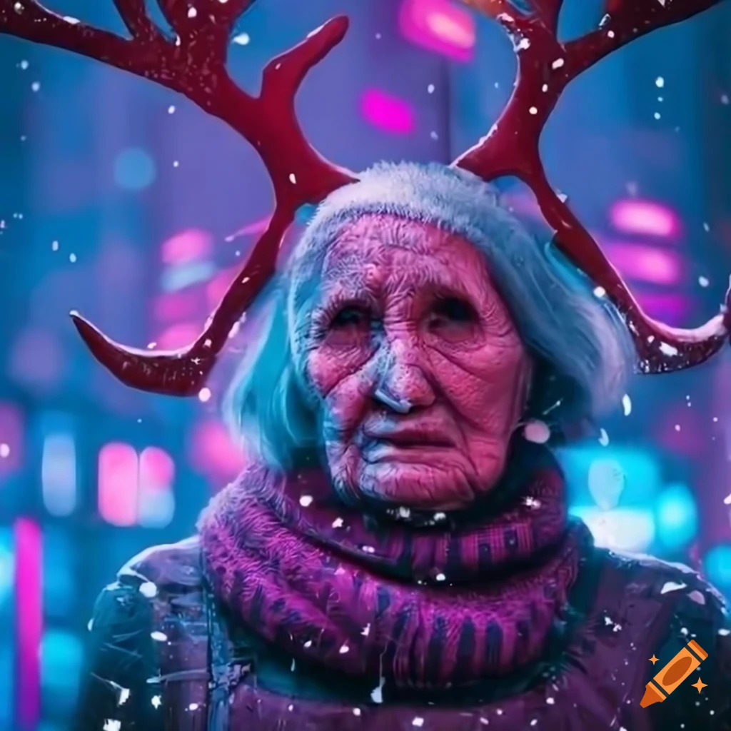 Cyberpunk depiction of an old woman with reindeer antlers in a snowy city
