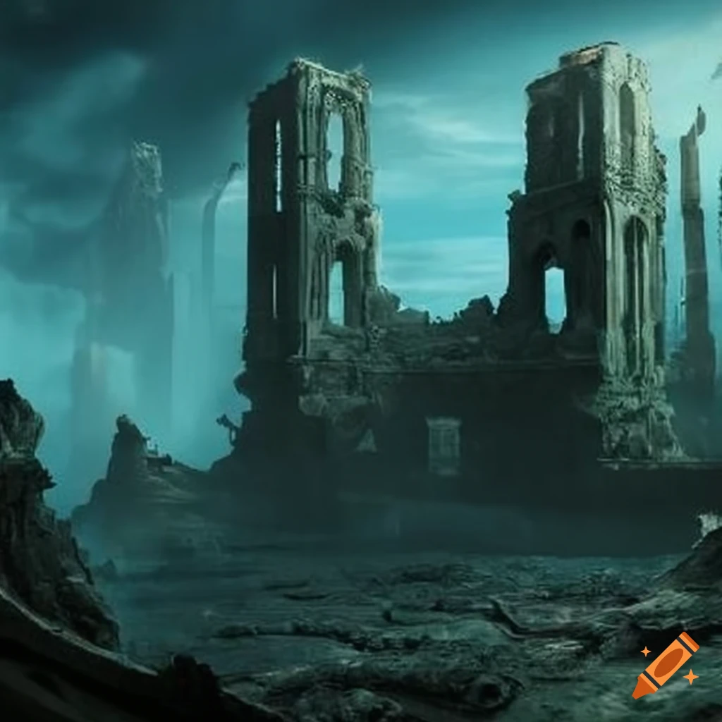 Image of decaying ruins on an alien planet on Craiyon