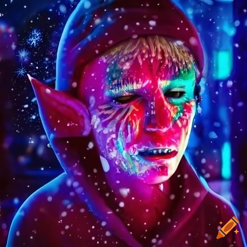 Closeup of a crying christmas elf in a neon cyberpunk city