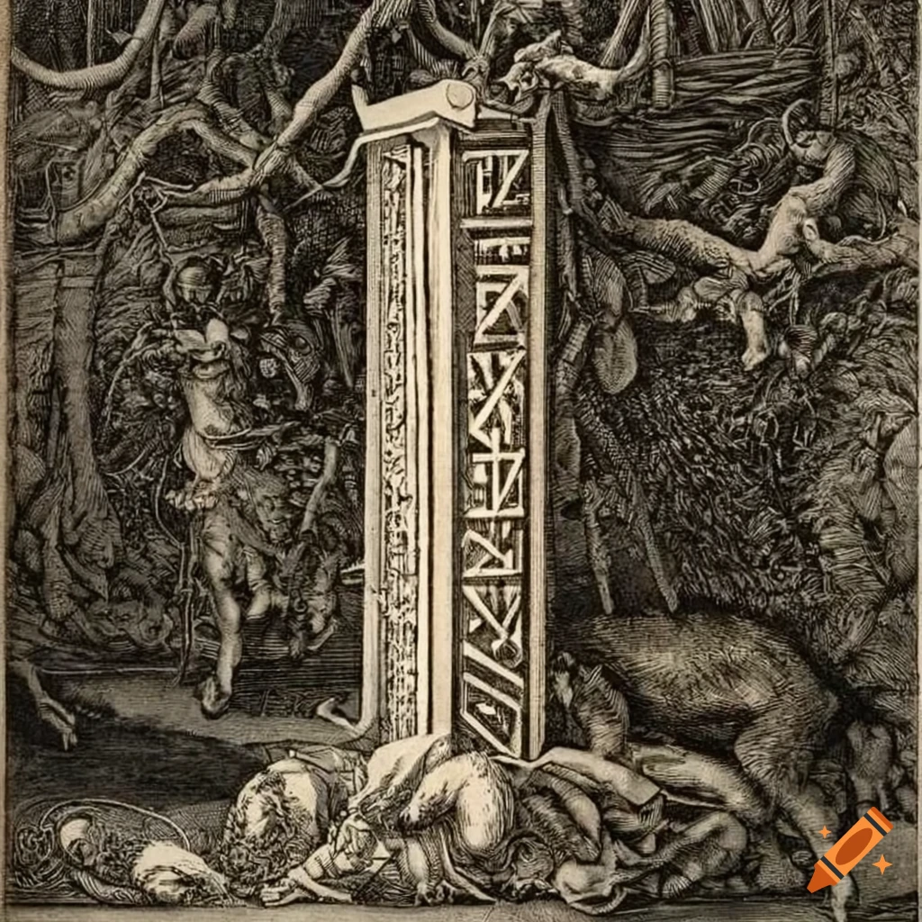 Intricate engraving of symbols formed by bone and branches on Craiyon