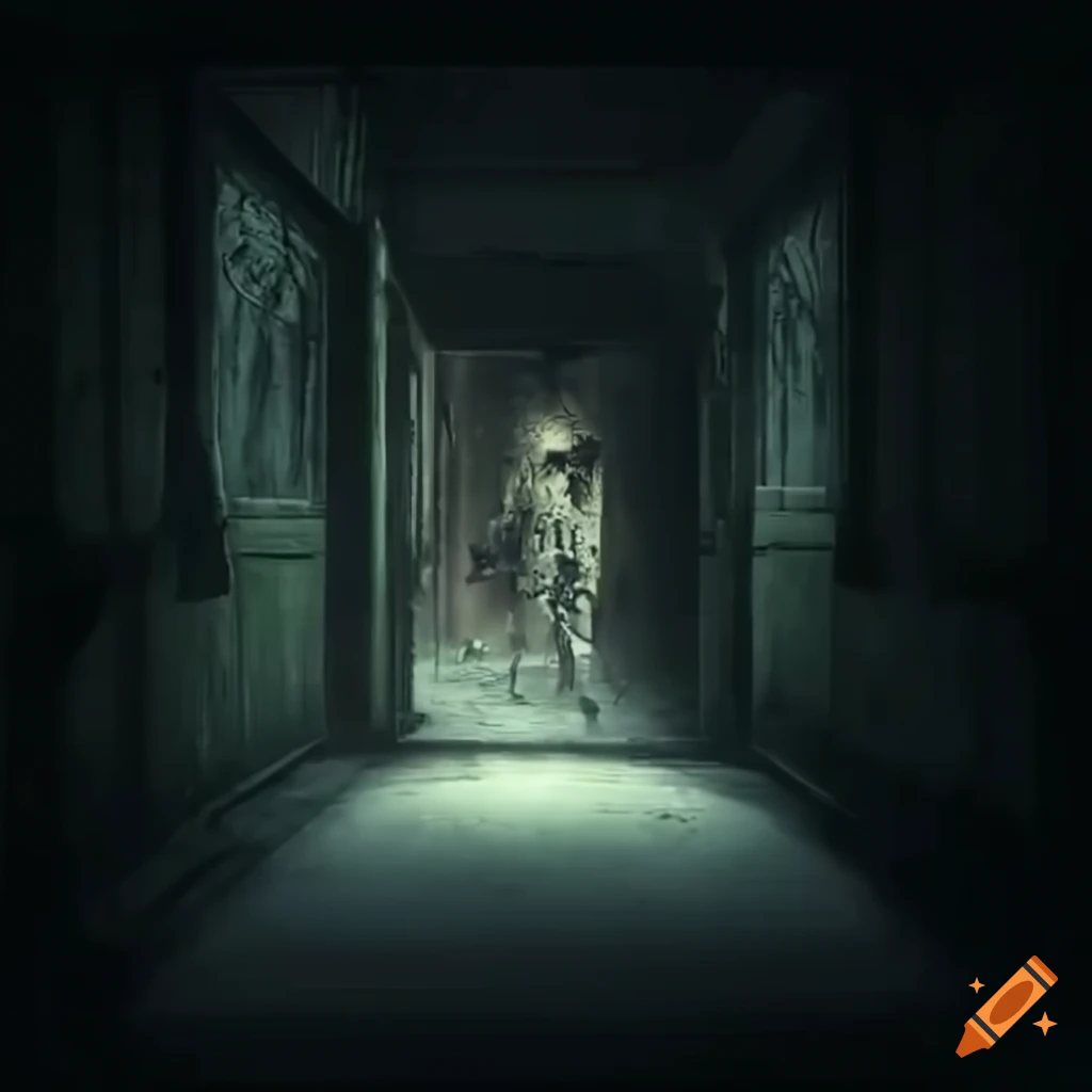 Video game artwork of a snowy hallway in a survival horror game on Craiyon