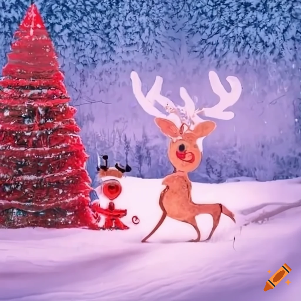 Christmas tree with rudolph in snowy landscape