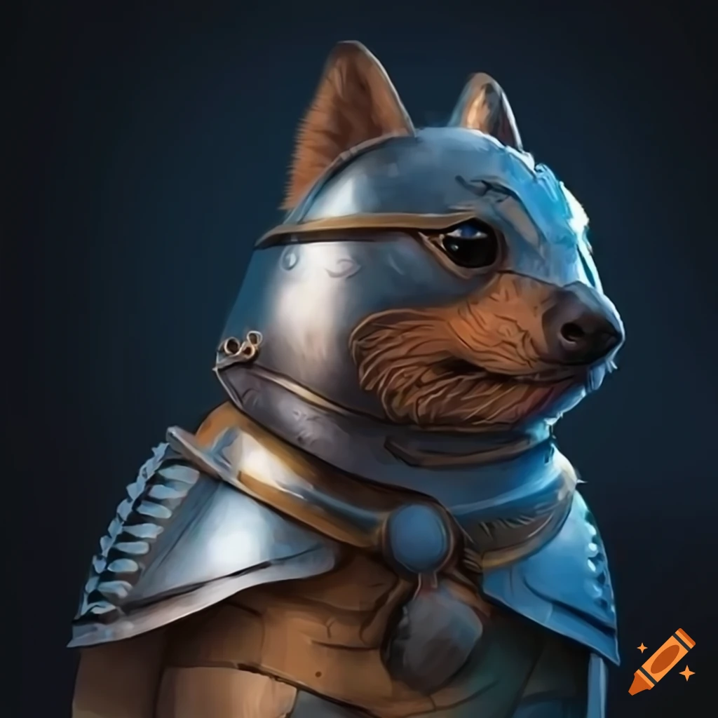 Pomeranian dog wearing full plate armor