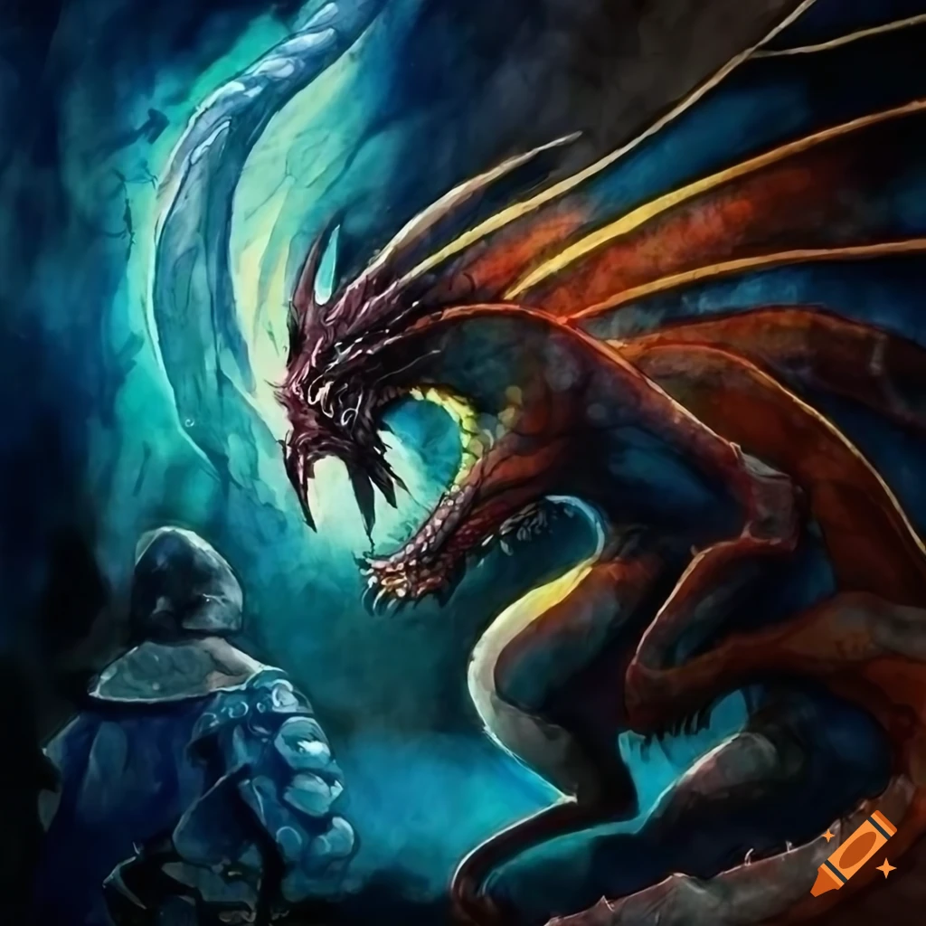 Watercolor painting of a heroic rogue and spirit dragon on Craiyon