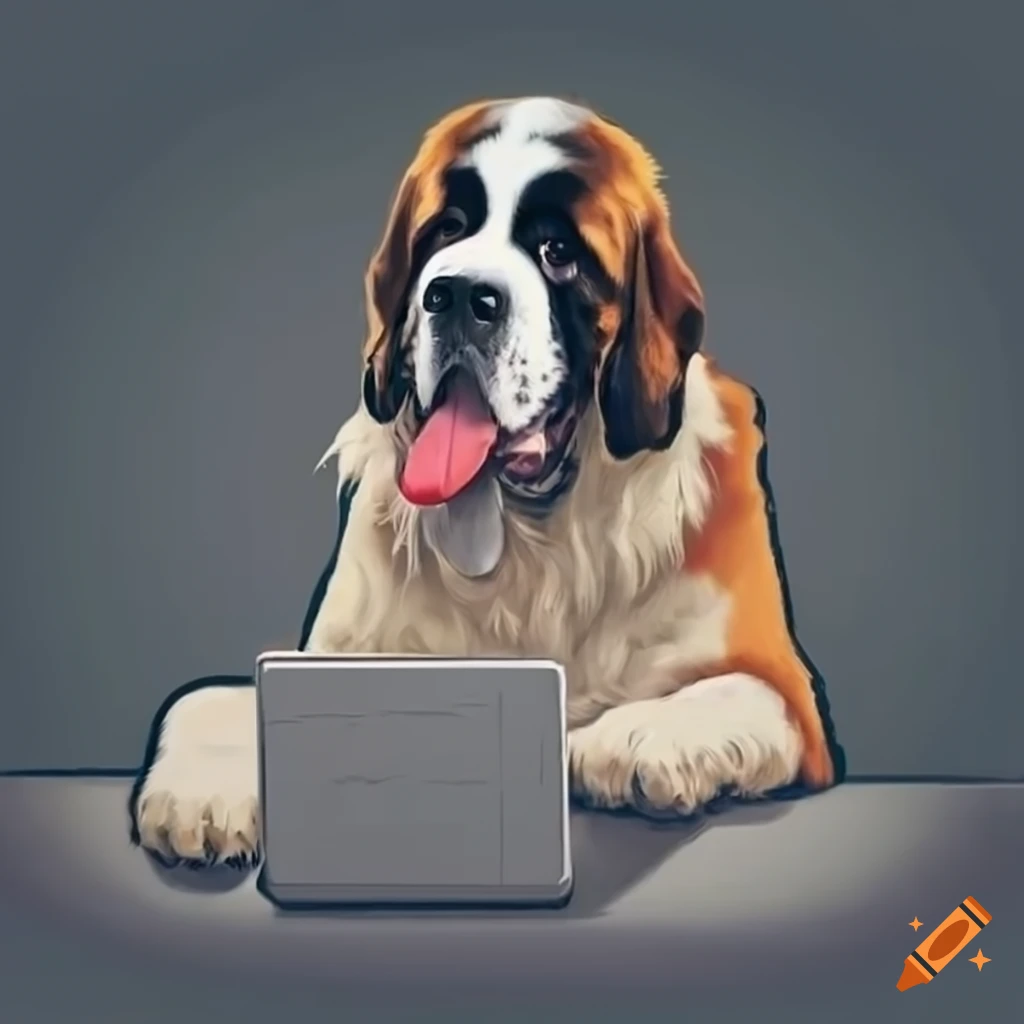 A saint bernard dog using a computer