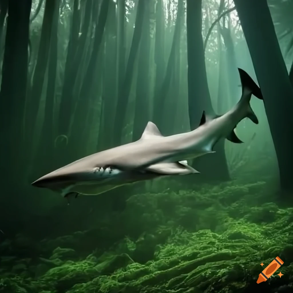 Image of a flying shark in a forest