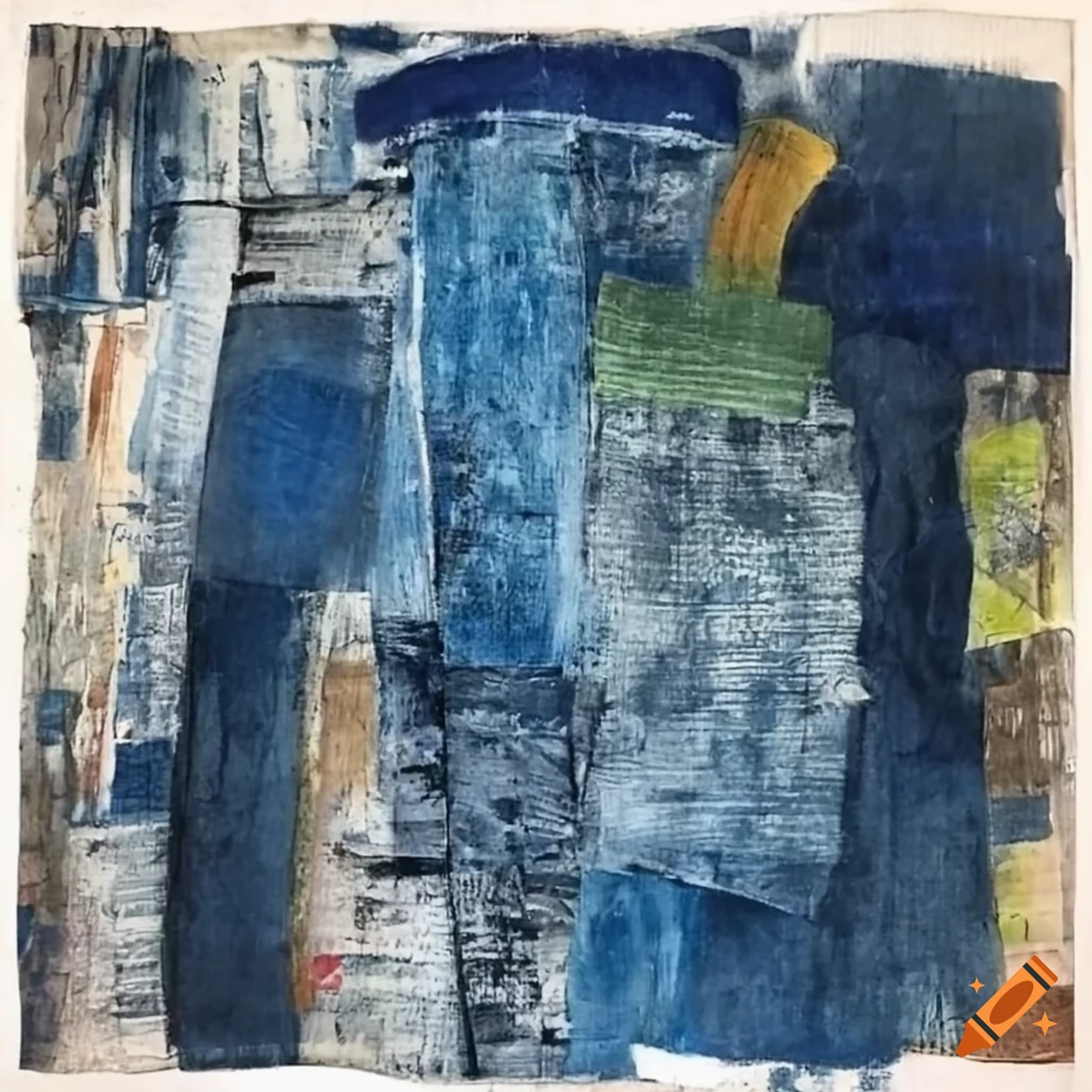 Abstract mixed media art with newspaper and painted textile on Craiyon