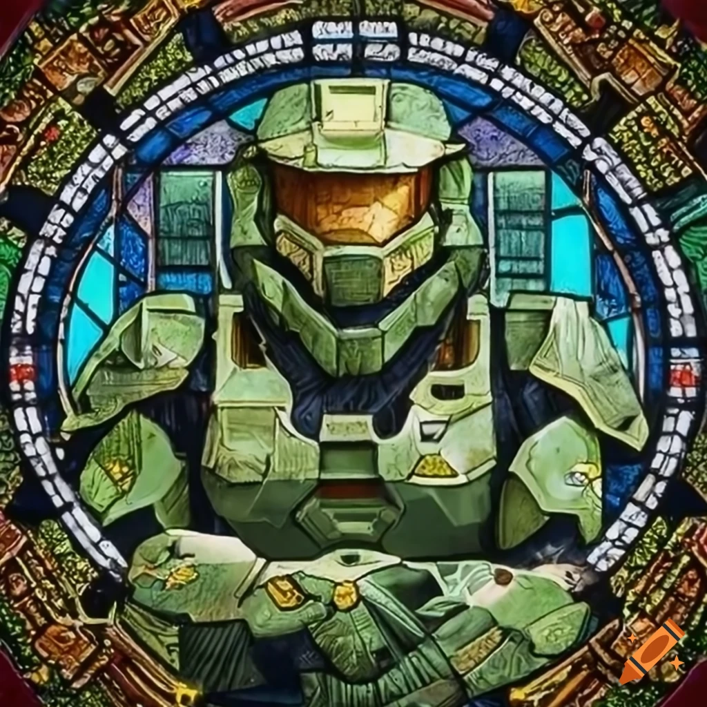 Stained glass art of master chief as a religious icon