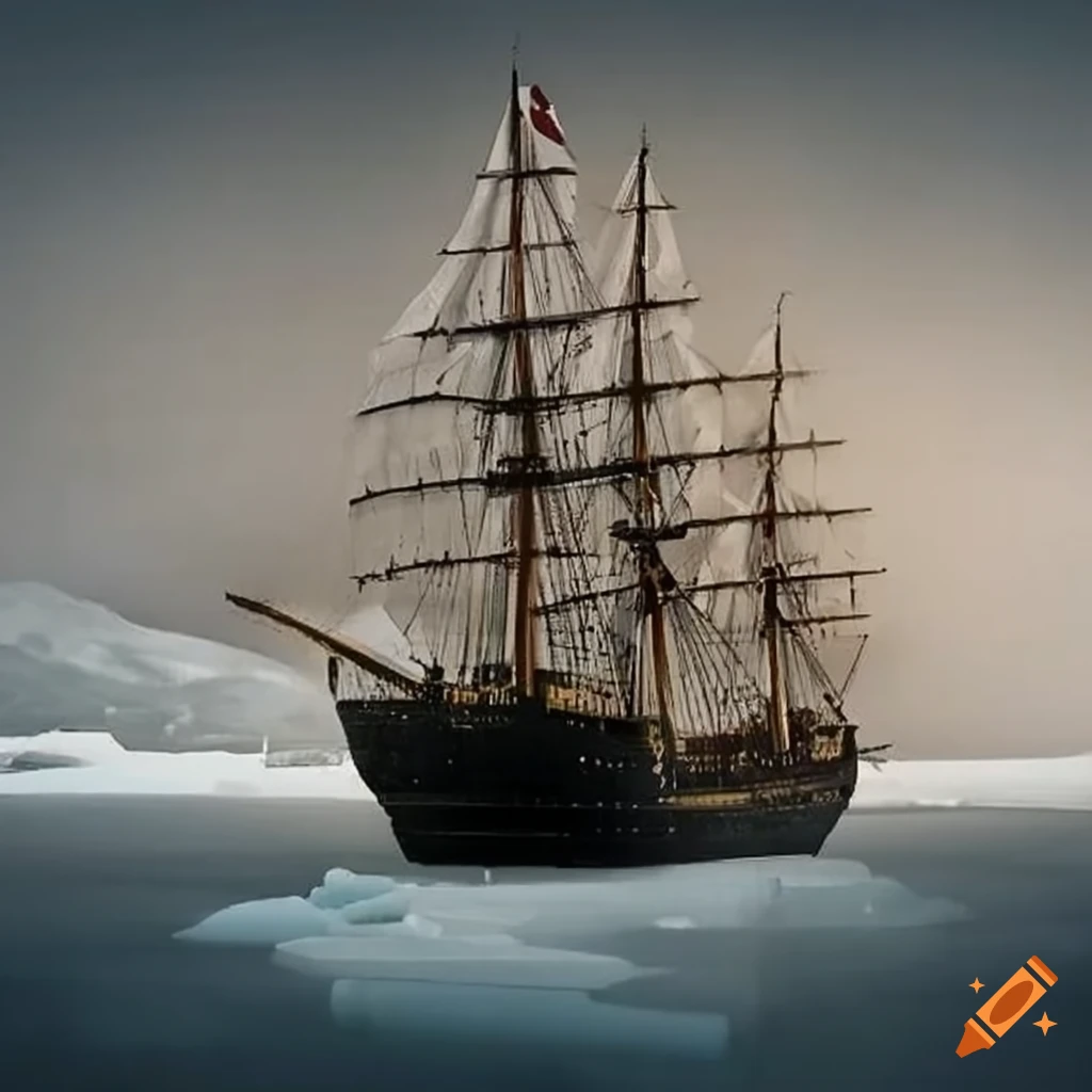 Black british explorer ship sailing through fog and ice