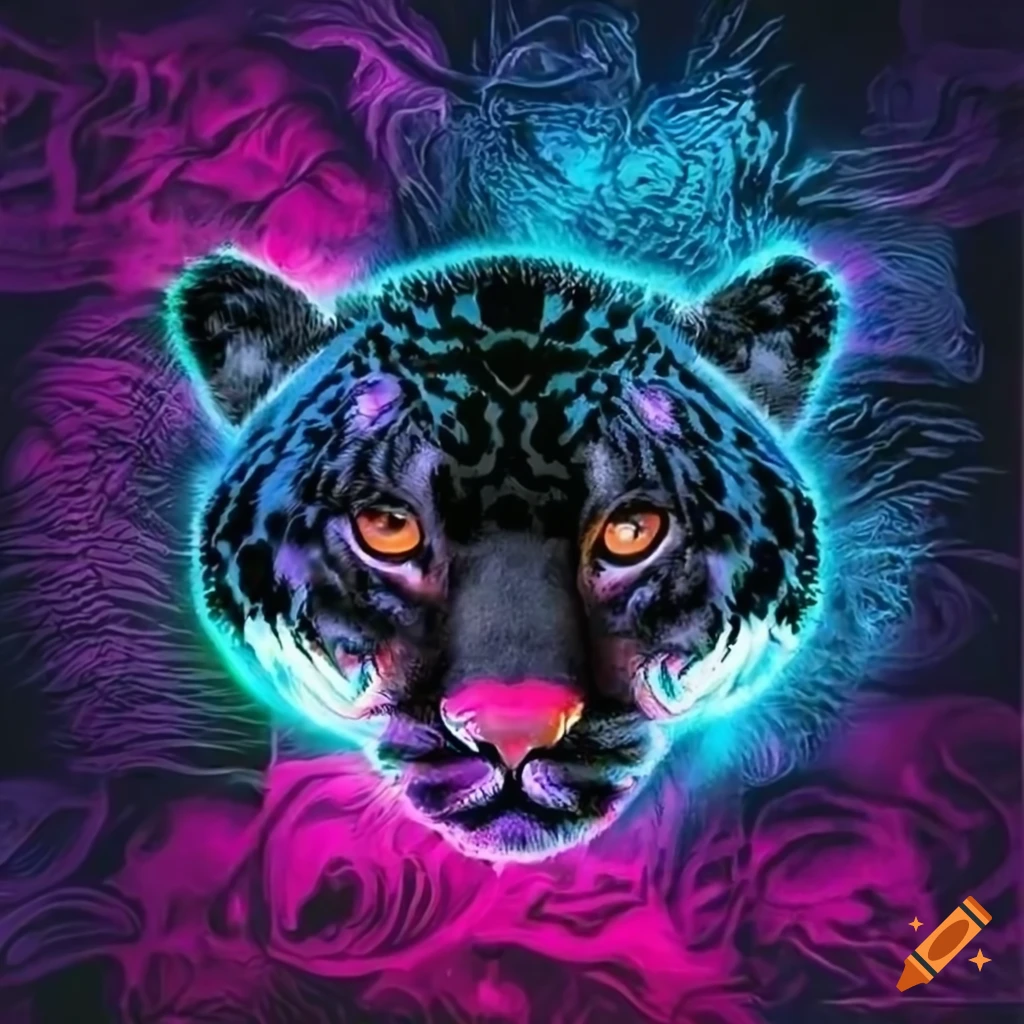 Neon lisa frank inspired design with black panthers and orcas on Craiyon