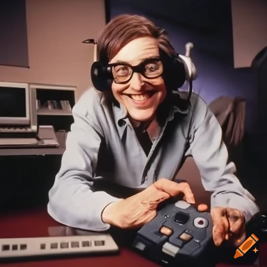 Retro gamer smiling while playing video games on twitch on Craiyon