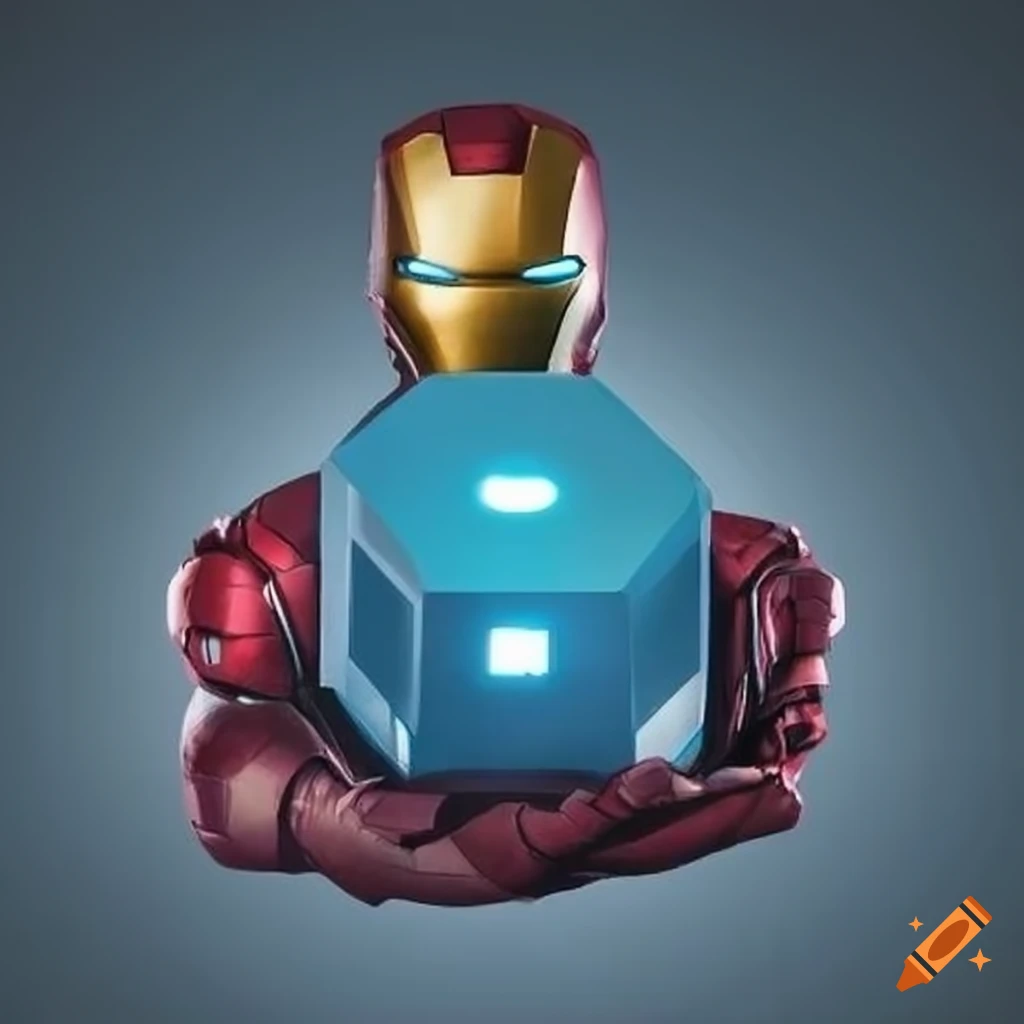 Iron man holding a blue cube
