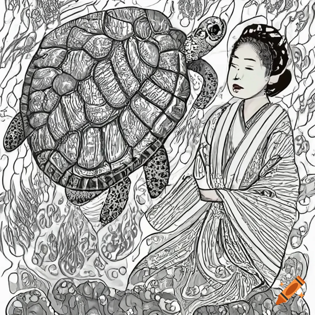 Graceful underwater scene with a dancing turtle and a japanese princess ...