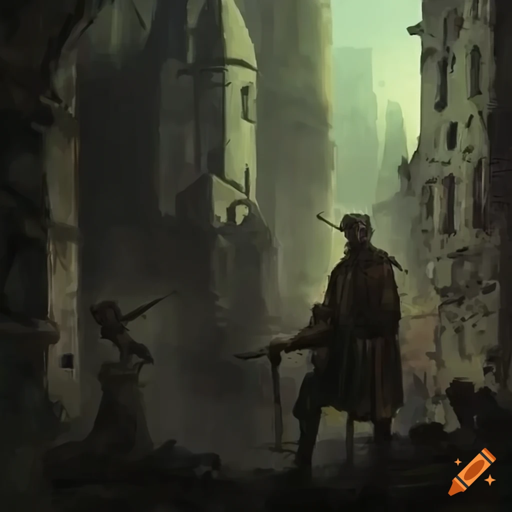 Painting of a lone soldier in a dark city ruin