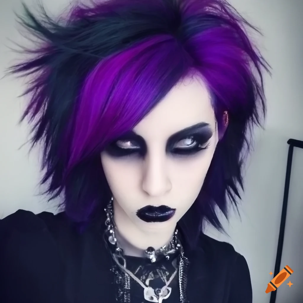Portrait of a goth person with dark purple and black hair