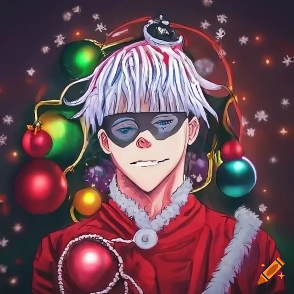Gojo in Santa outfit with Christmas decorations on Craiyon
