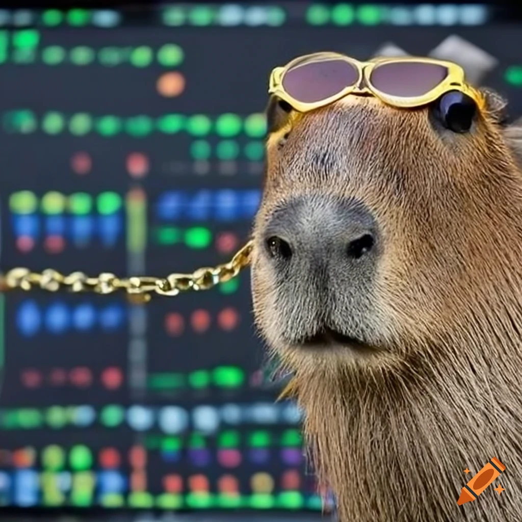 Capybara wearing sunglasses and gold chain in stock market setting on ...
