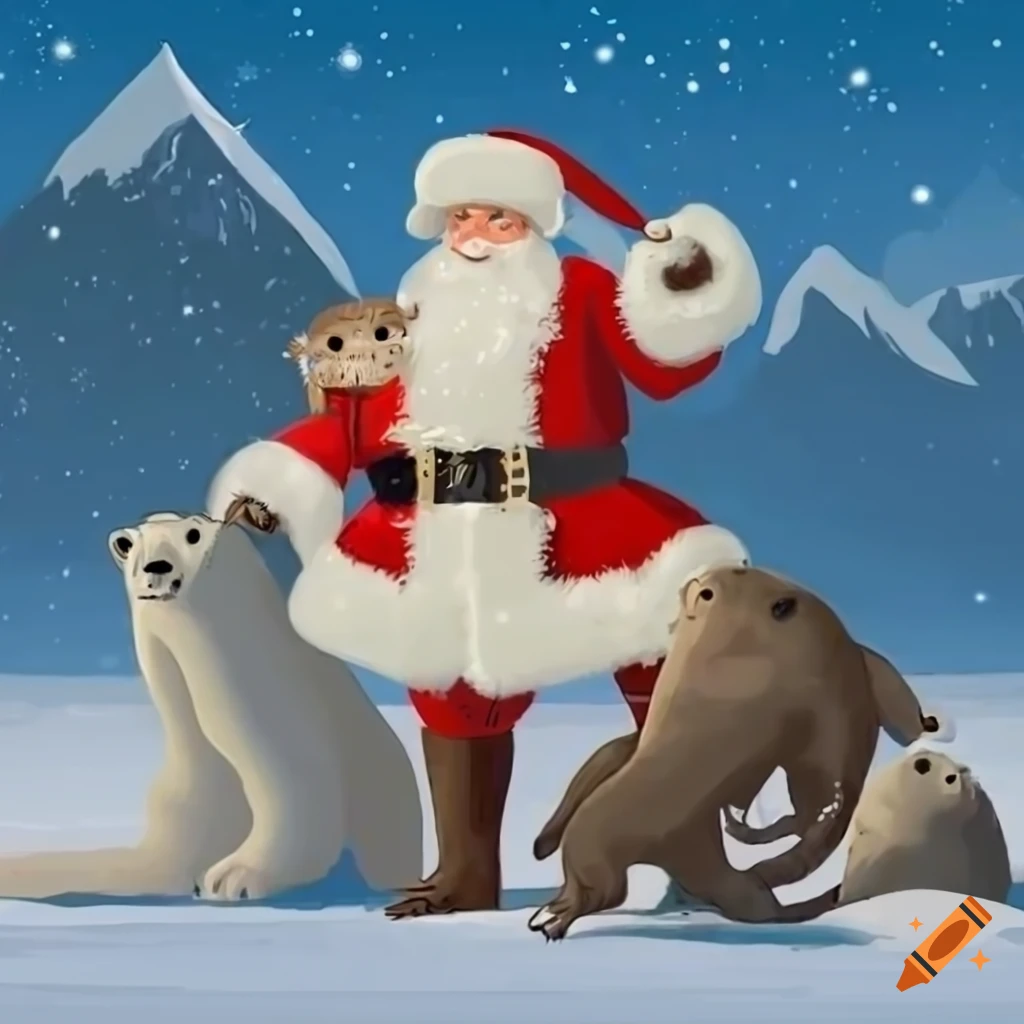 Santa with otter, polar bears, seals and snowy mountains
