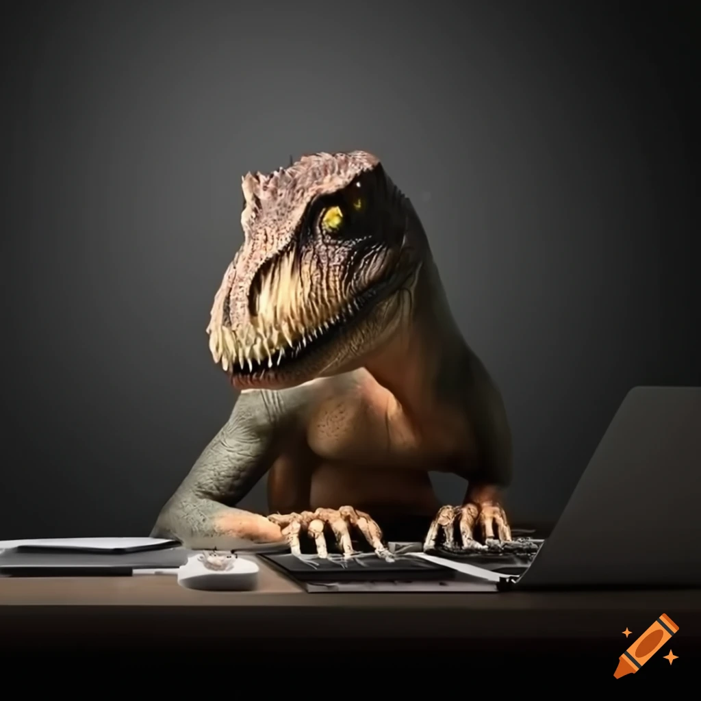 Photorealistic t-rex working on a laptop on Craiyon