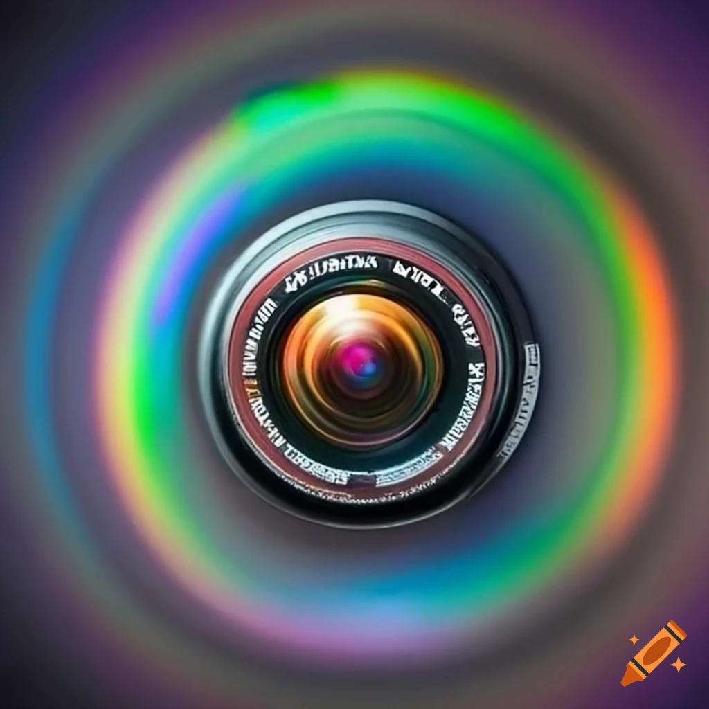Camera lens reflecting rainbow colors on Craiyon