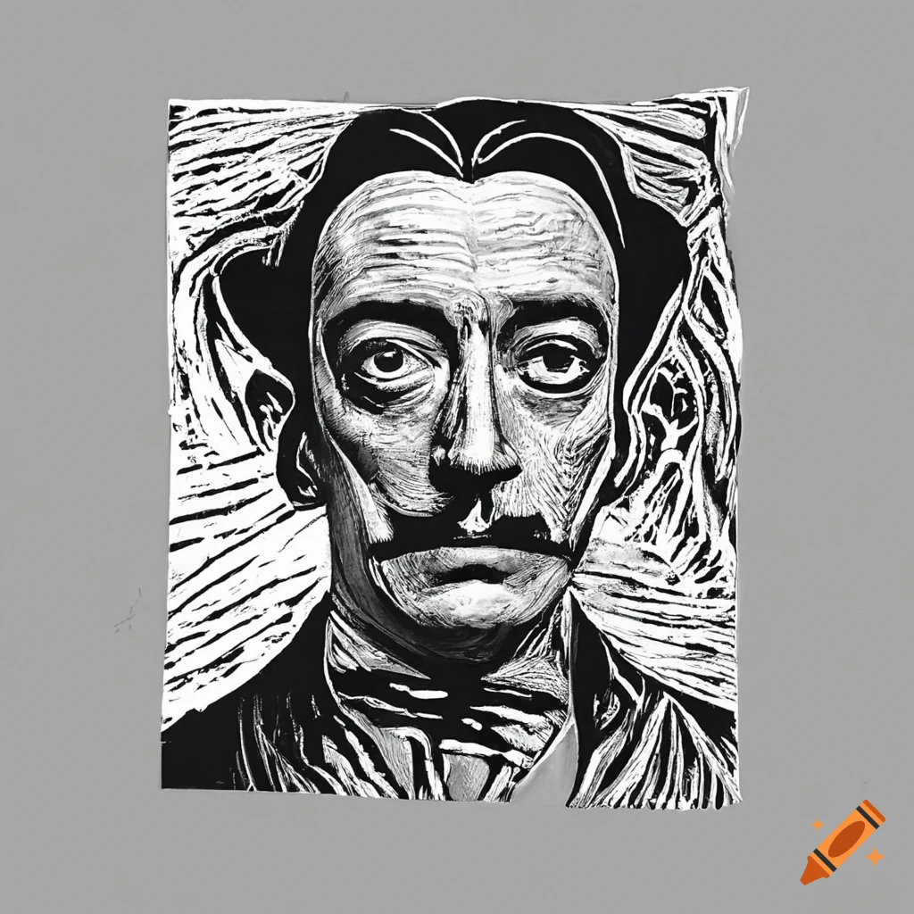 Lino cut print of salvador dali