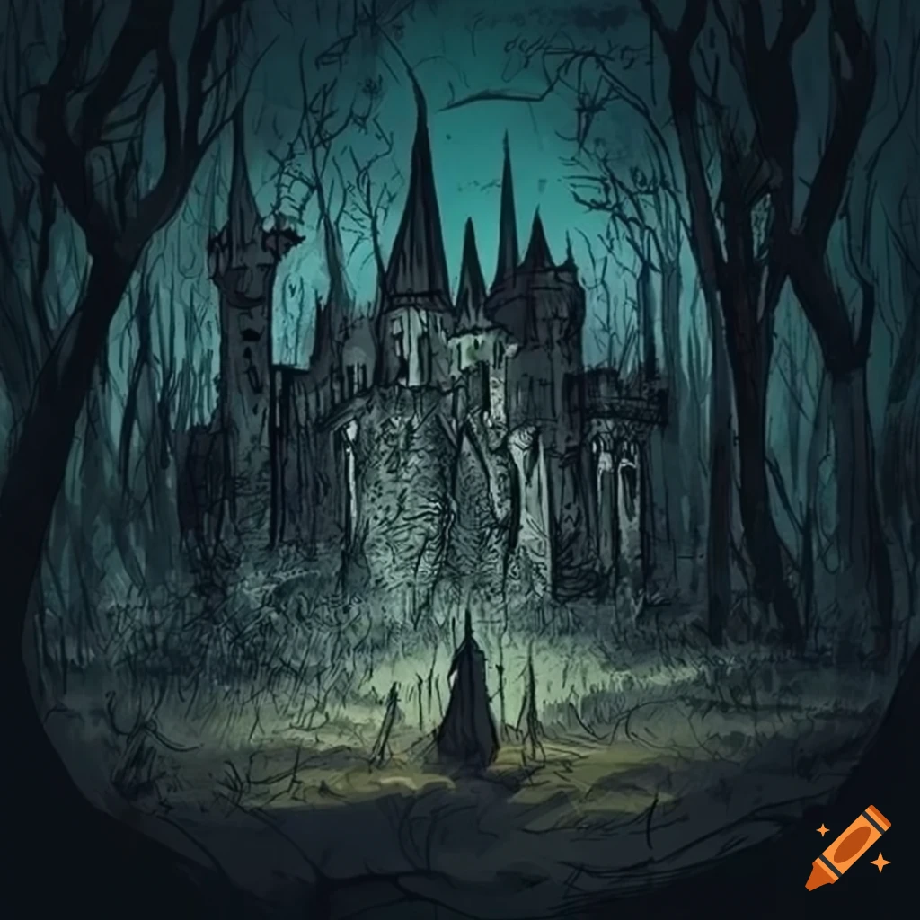 Sketch of a castle in a dead forest on Craiyon