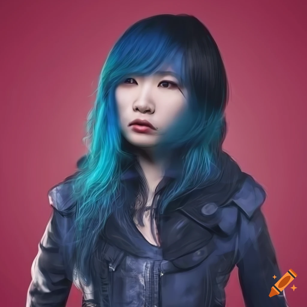 Portrait of a chinese woman with wavy blue and black hair on Craiyon