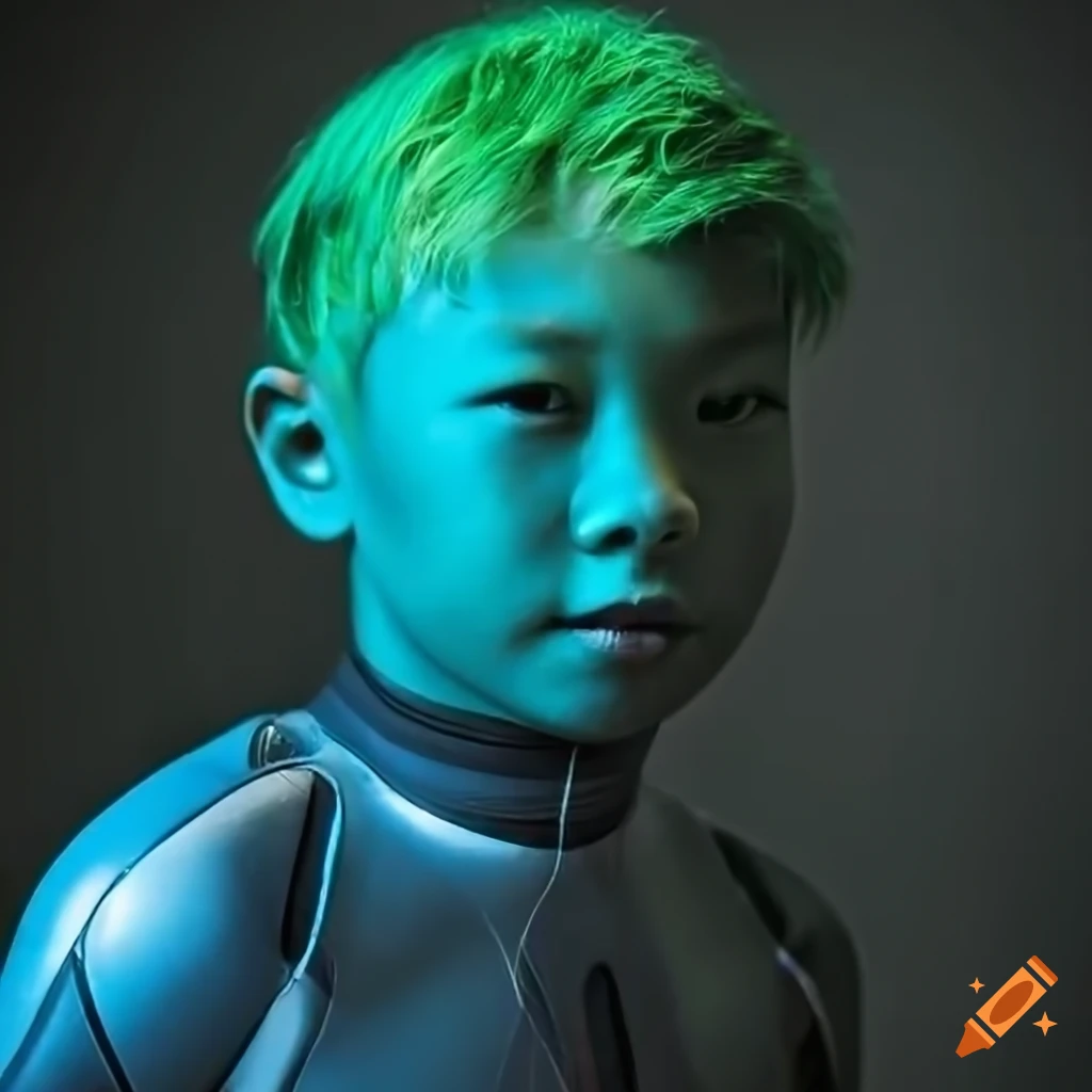 Futuristic green-haired teen boy in wetsuit