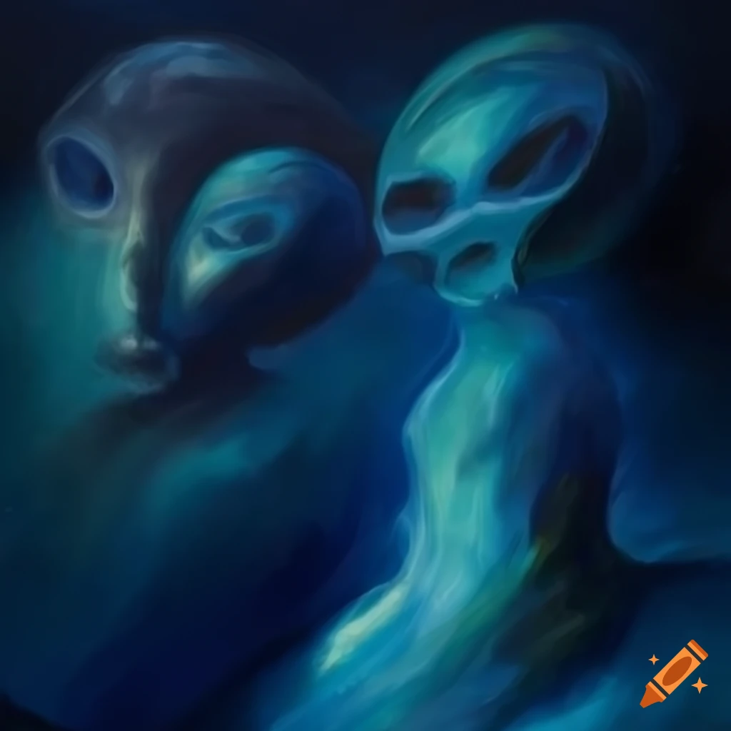 Mysterious oil painting of aliens in the night sky