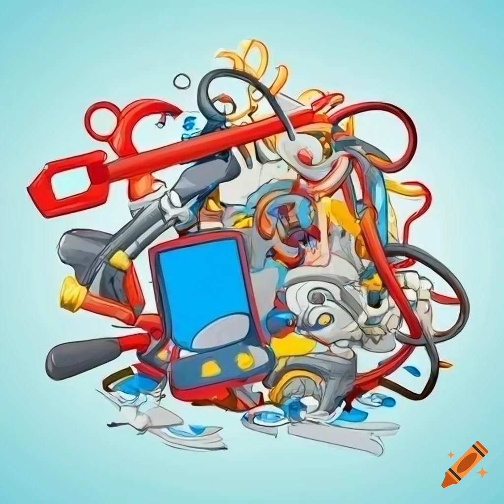 Cartoon illustration of a pile of gadgets and tools on Craiyon
