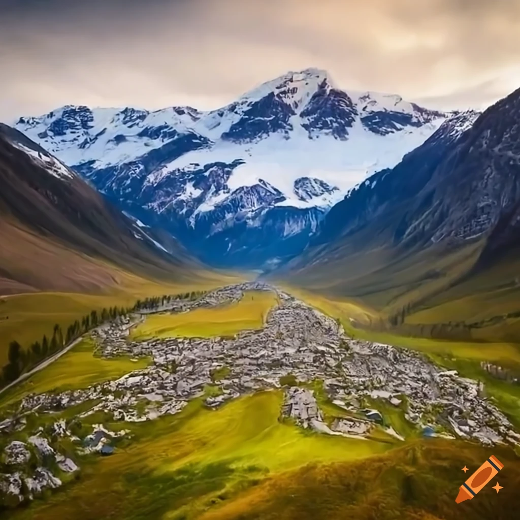 Town nestled in a circular valley surrounded by snowy mountains on Craiyon
