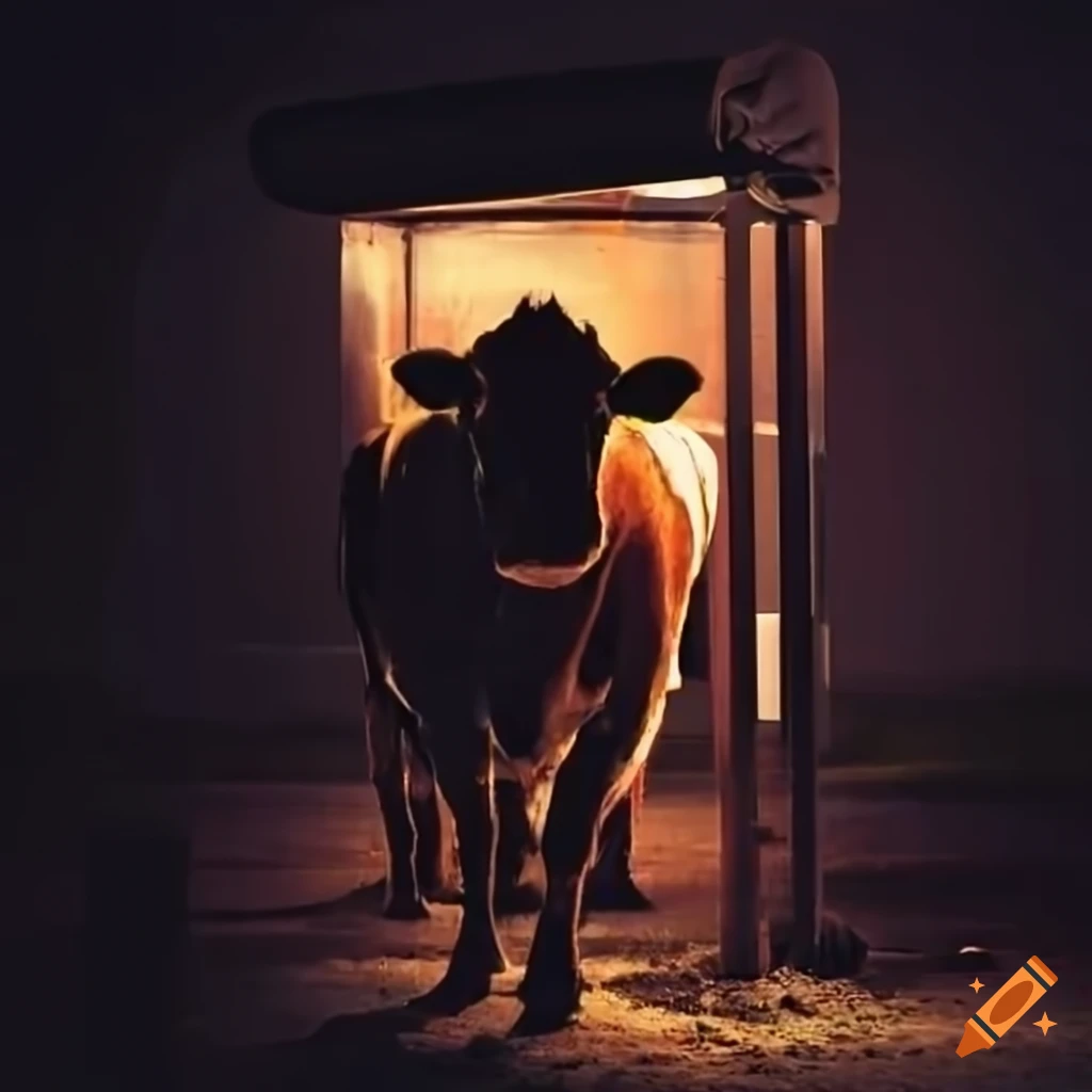 Depressed cow waiting at a bus stop