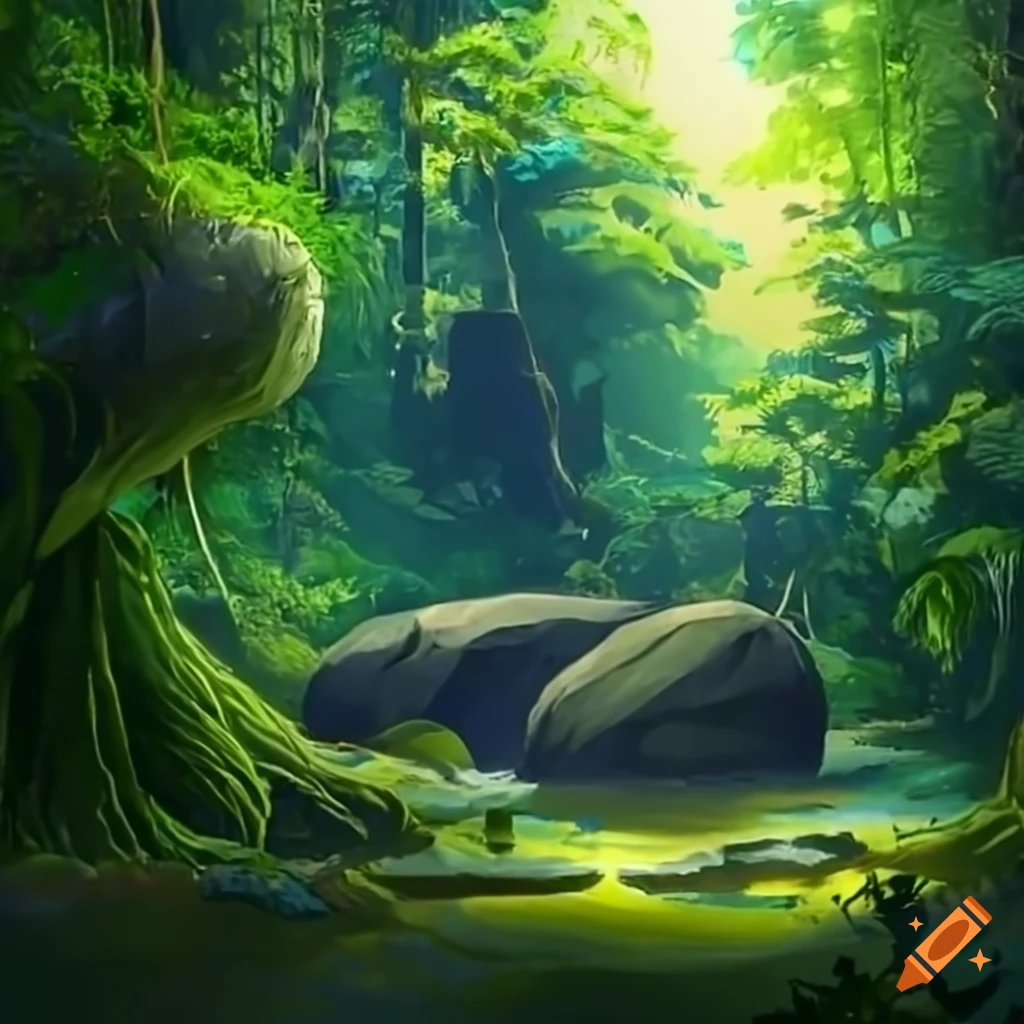 Shiny gray rock in a sunny rainforest