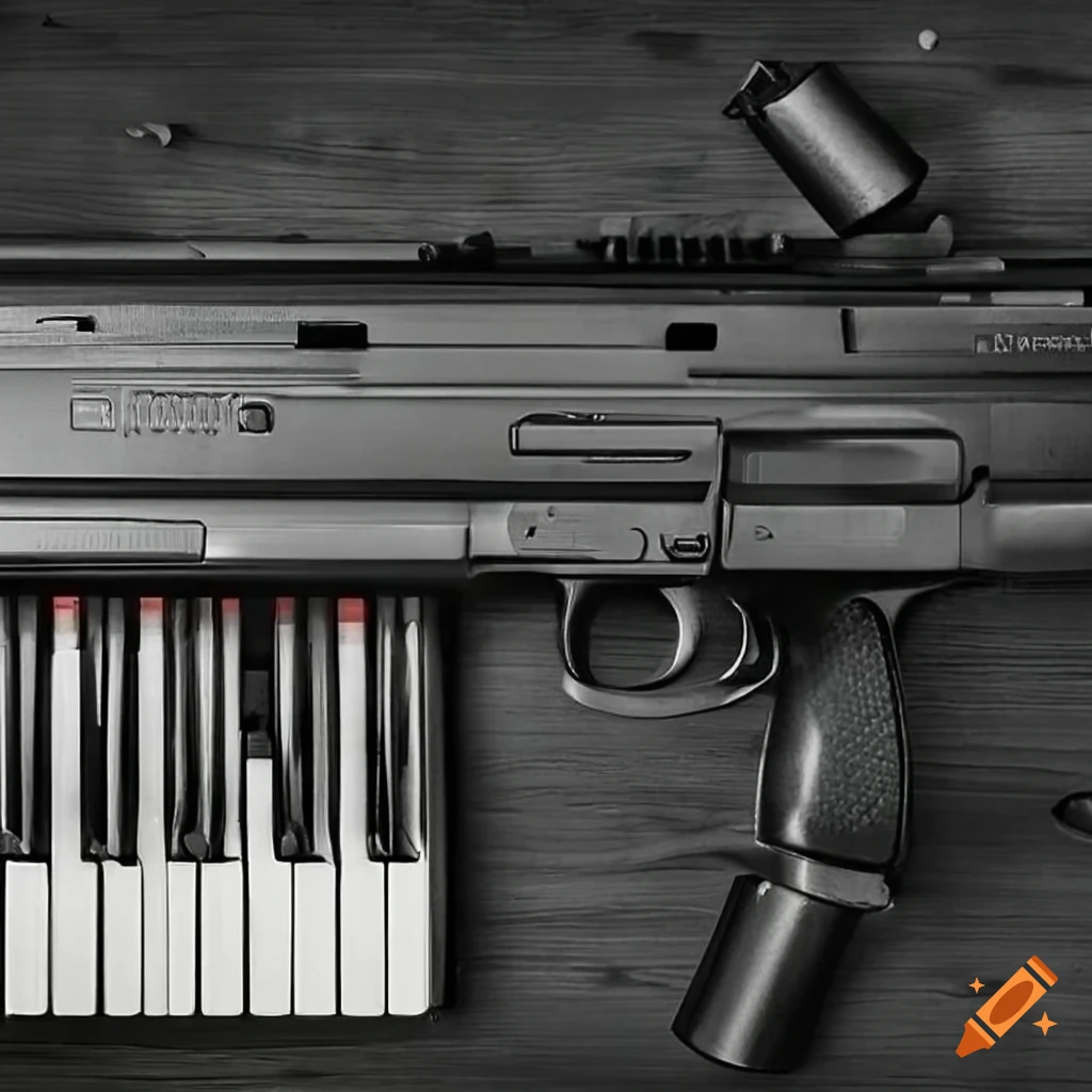 Artistic representation of piano keys with a gun
