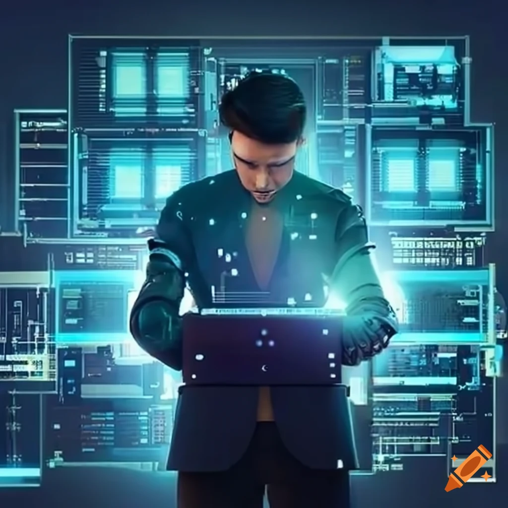 Man using futuristic super computer for it support on Craiyon