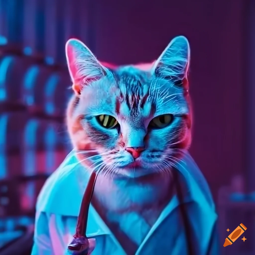 Cute cat in a pharmacist coat in a neon-lit laboratory on Craiyon
