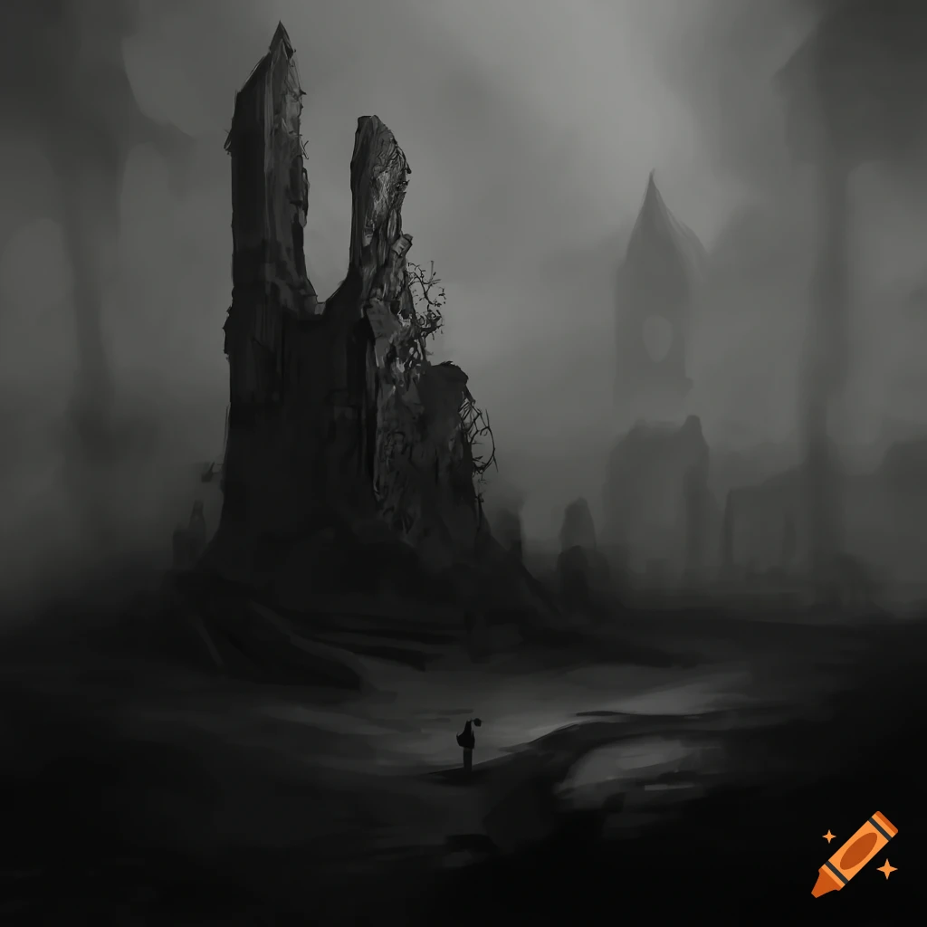 Hyper-realistic black ink drawing of a bleak landscape on Craiyon