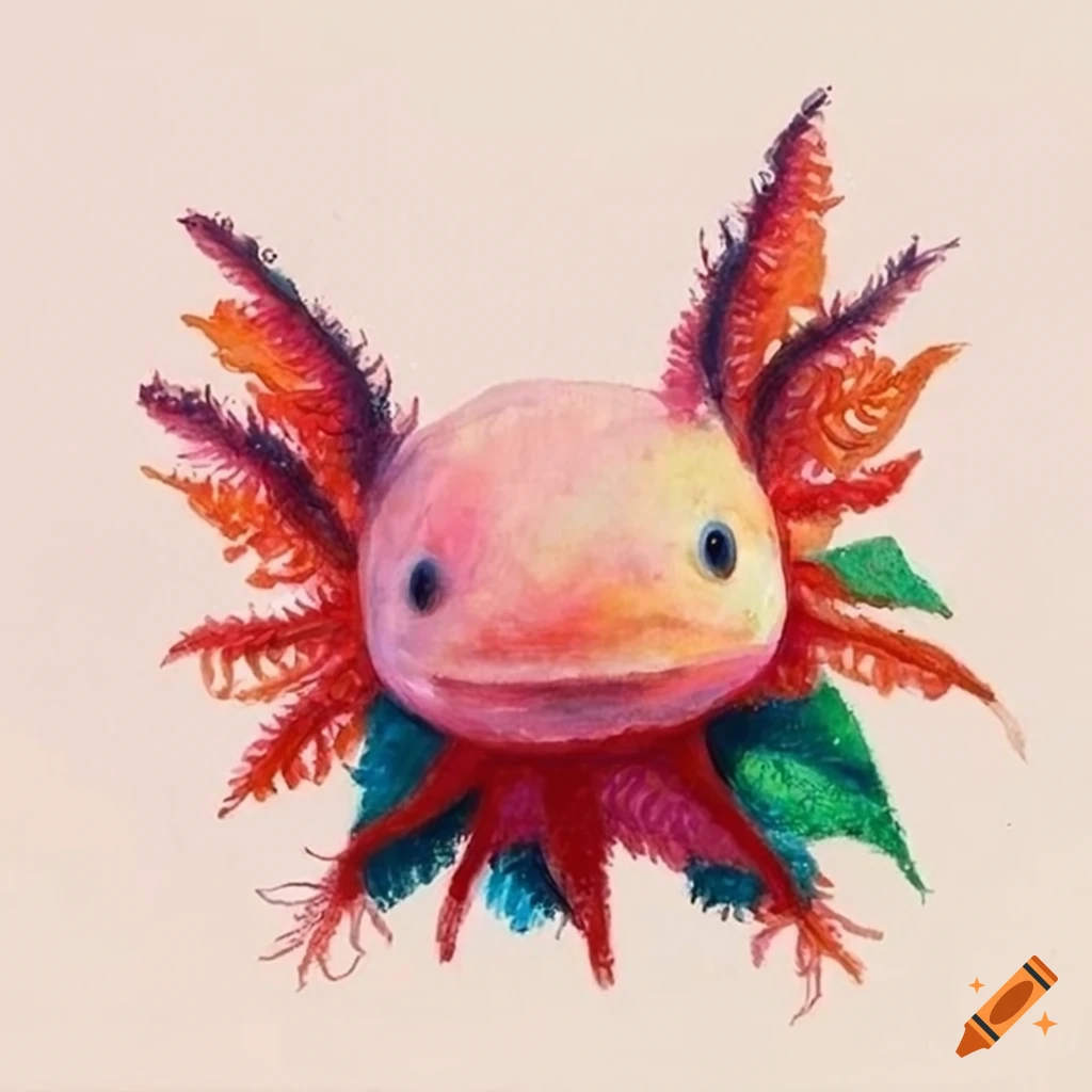 Oil pastel drawing of an axolotl on poinsettia blossoms on Craiyon