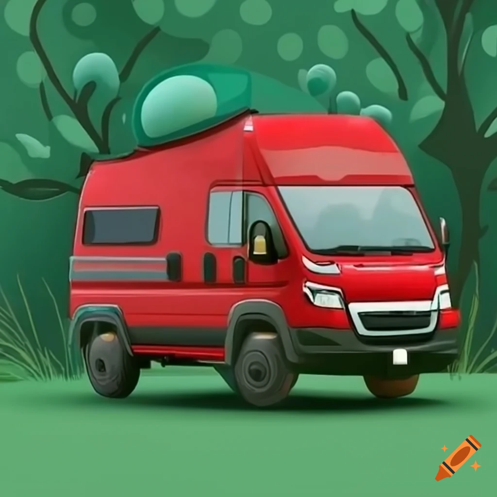 Animated red promaster camper van in nature